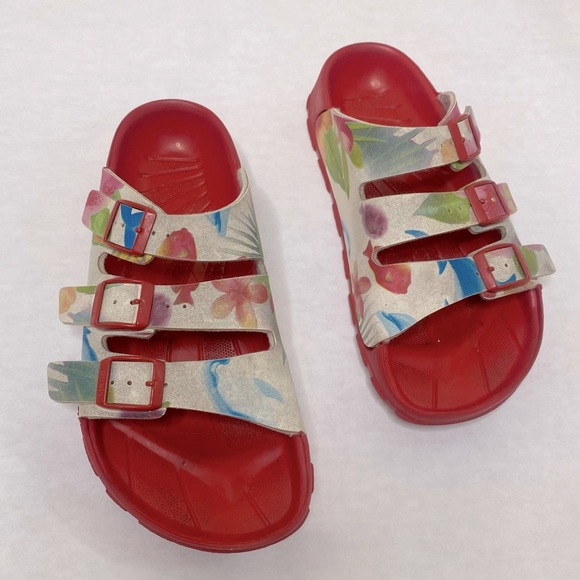 Birkis | Shoes | Birkis By Birkenstock Cuba Red Floral 3 Strap Buckle ...
